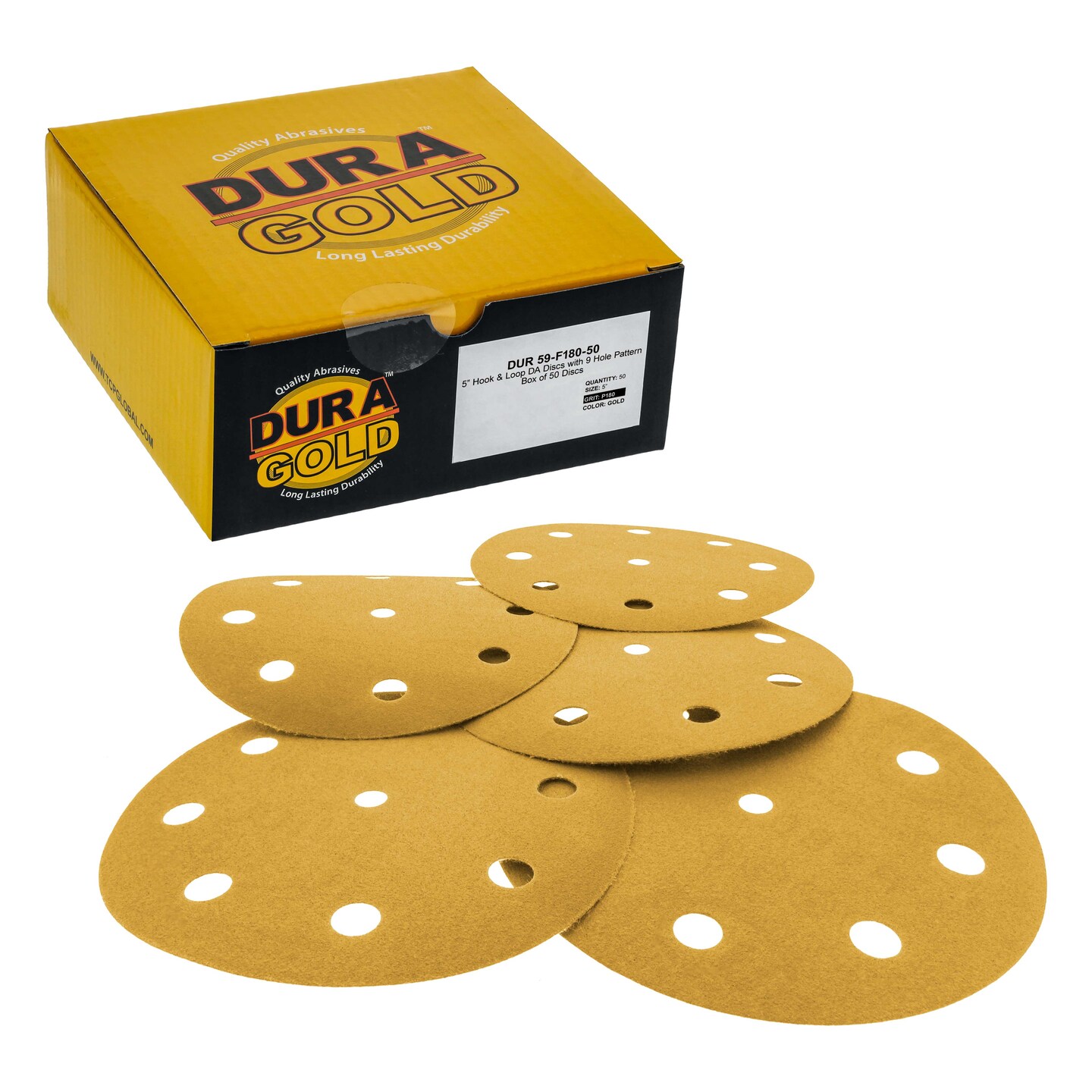 180 Grit - 5" Gold DA Sanding Discs - 9-Hole Pattern Hook and Loop ...
