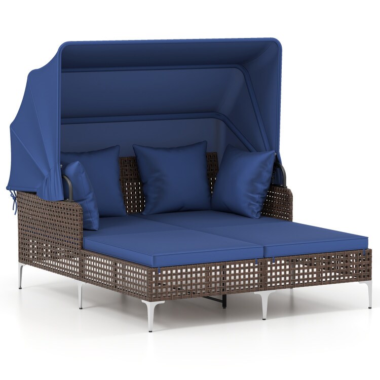 Outdoor PE Rattan Sun Lounger with Double Cushions and Retractable ...
