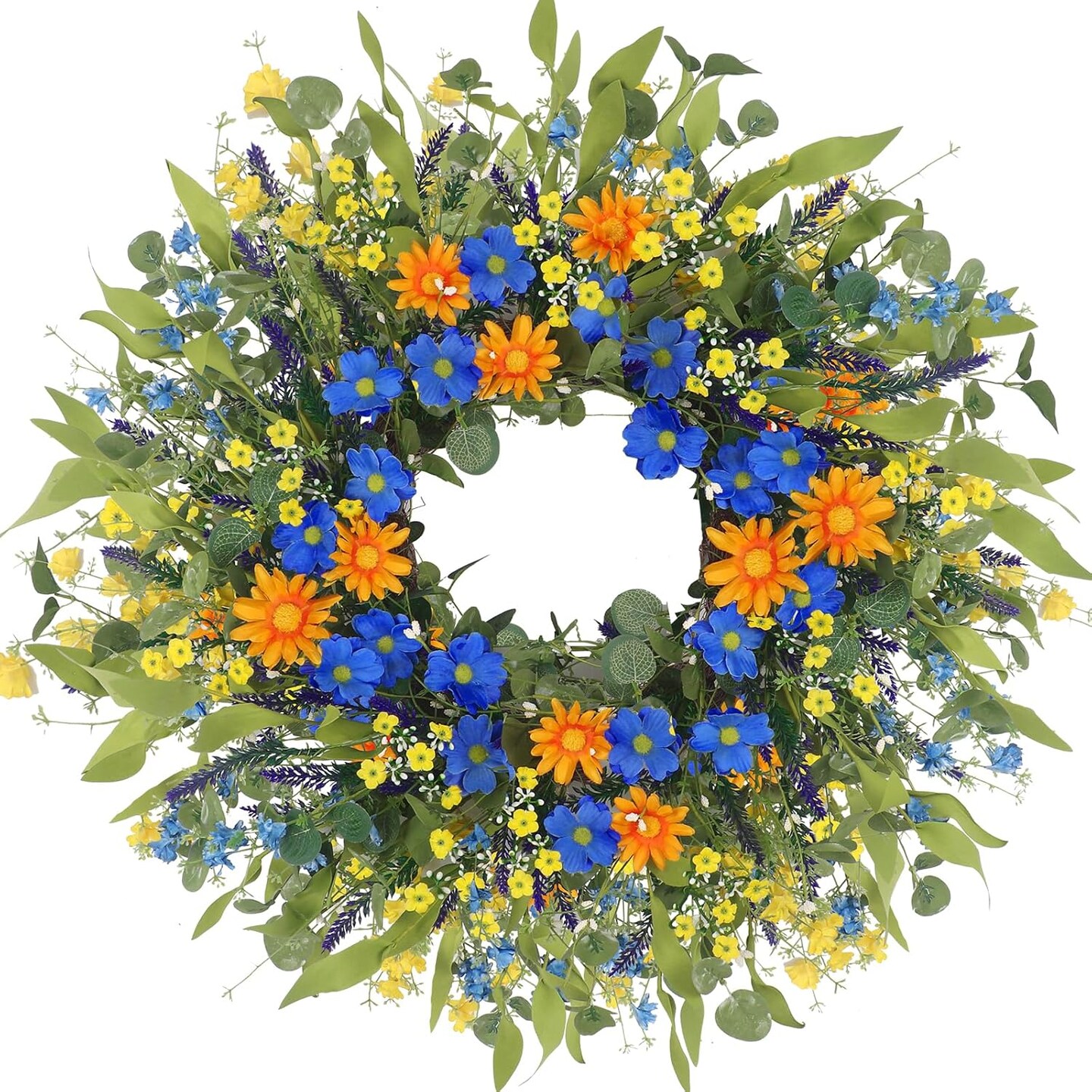 Daisy Sunflower Wreath Decor, 24 Inch Summer Wreaths for Front Door Outside, Handmade Blue ...