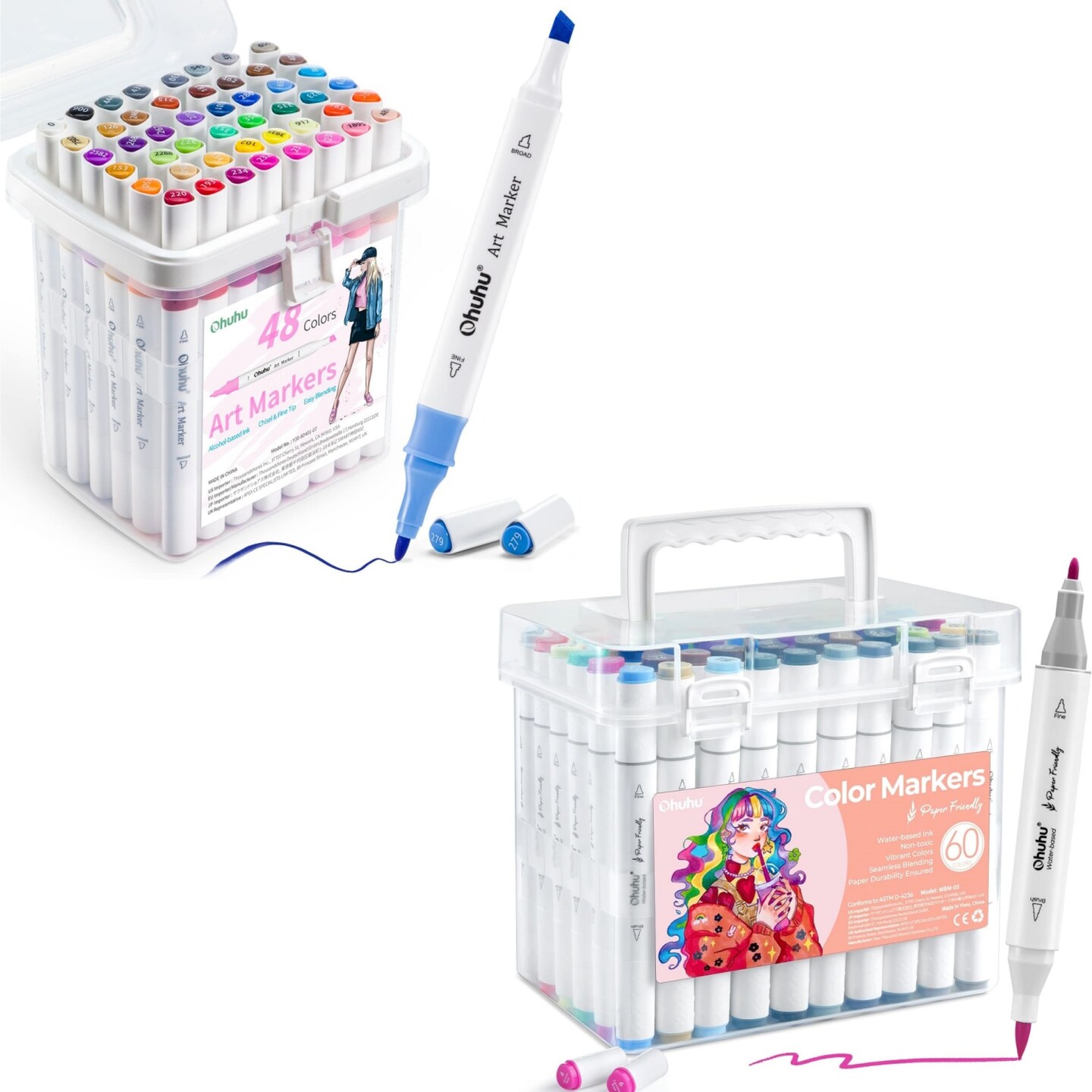 Ohuhu 48-Color Double Tipped Chisel & Fine Alcohol Markers + 60-Color ...