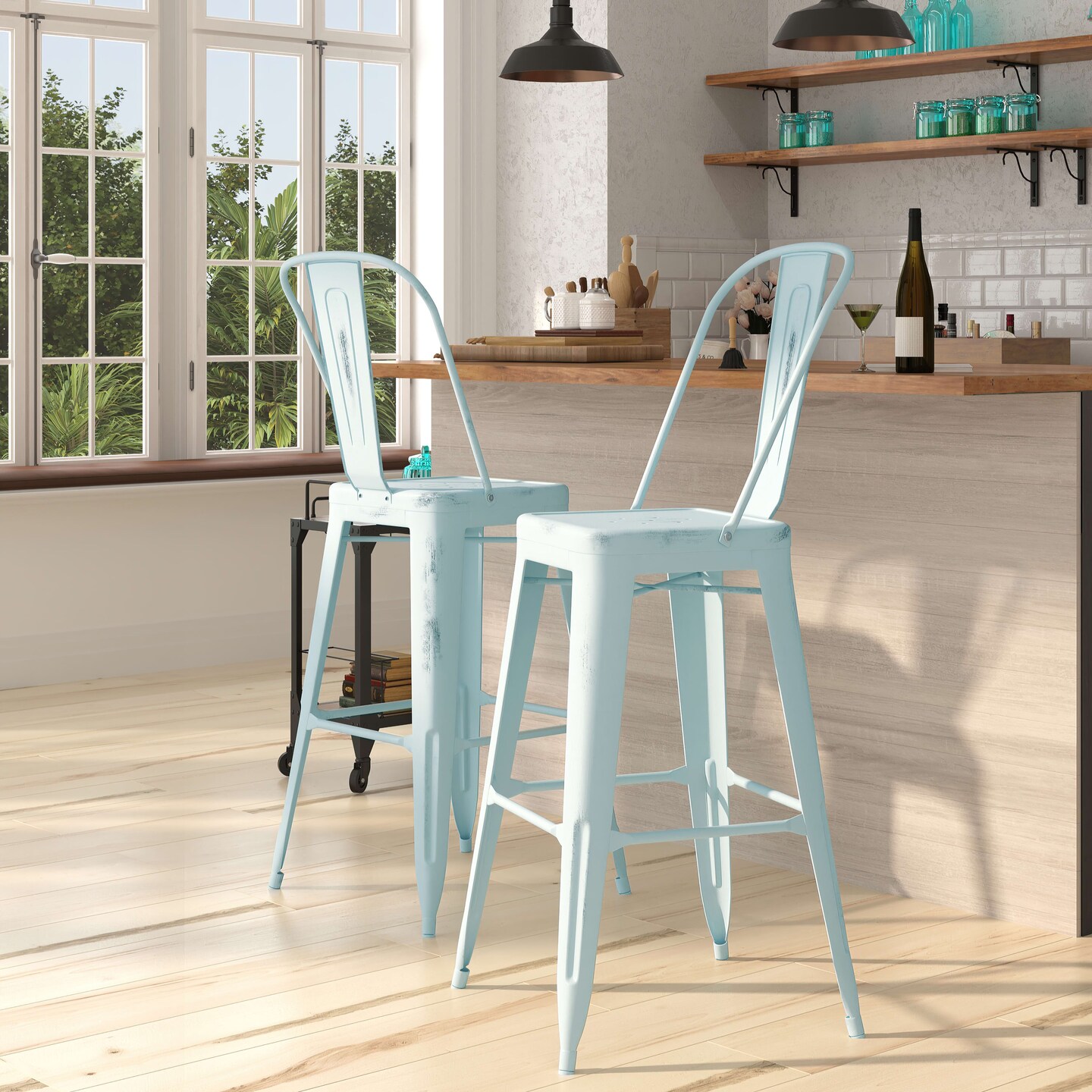 Merrick Lane Sabine Metal Indoor-Outdoor Counter Stool with Vertical ...