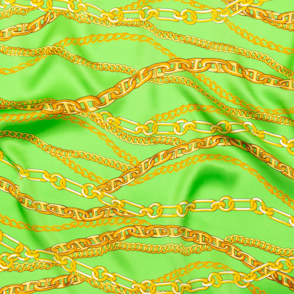 1 Yard Italian Kelly Green and Gold Chains Digitally Printed Silk ...