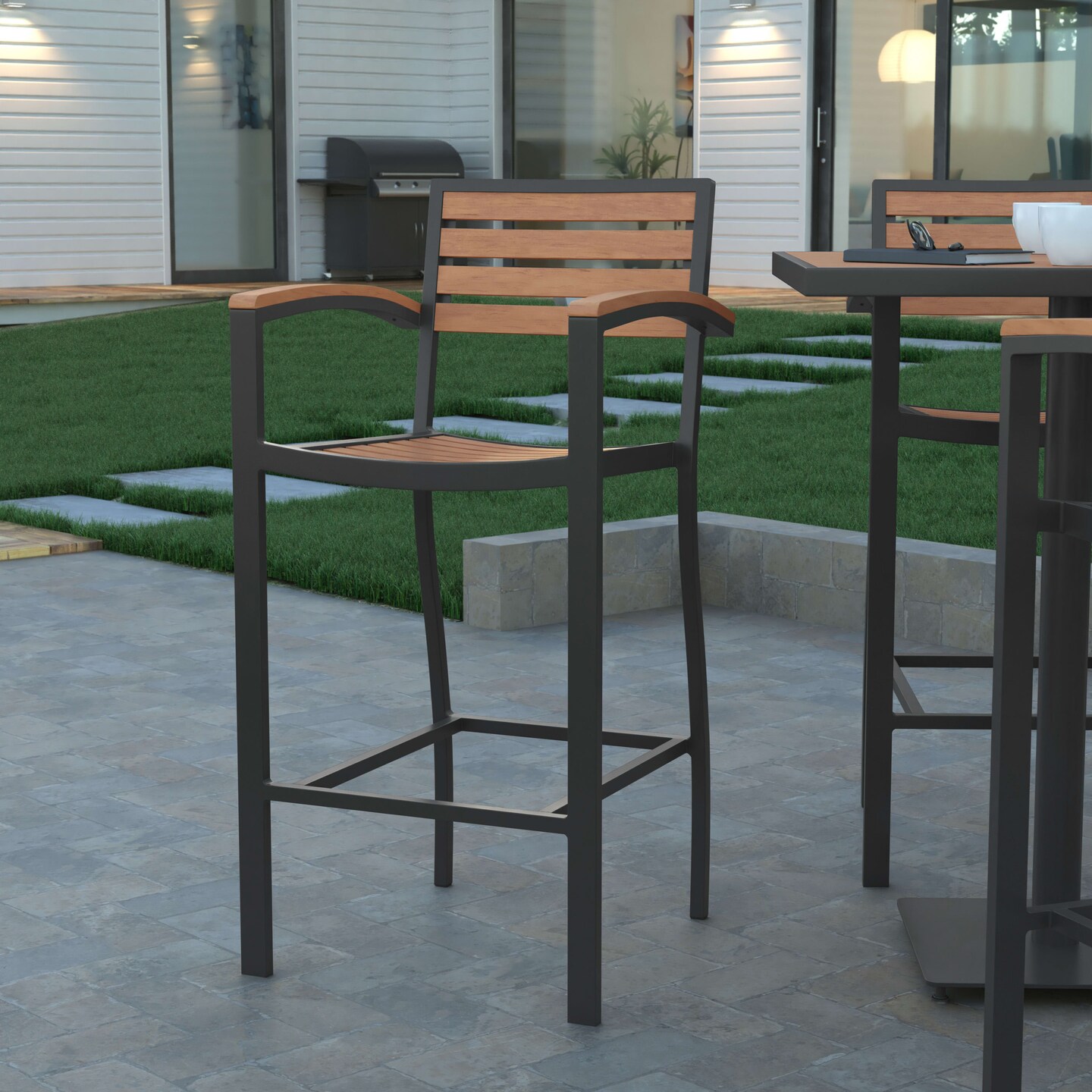 Emma and Oliver Livia All-Weather Bar Height Dining Stool with Armrests ...