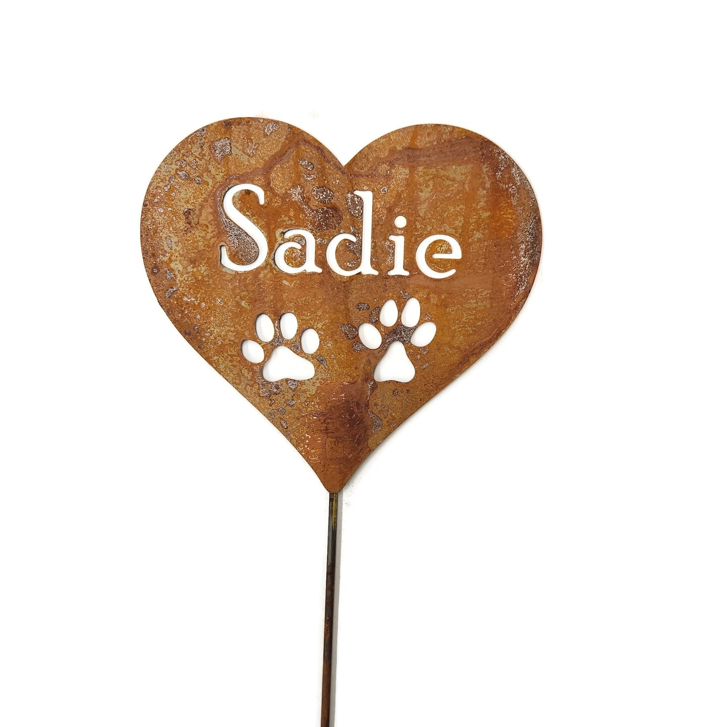 Metal Heart Shaped Garden Stake Sign Grave Marker Memorial with Two Paw ...