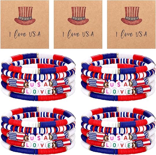50 Pcs 4th of July Patriotic Bracelets Set with 25 Cards 25 Red White ...