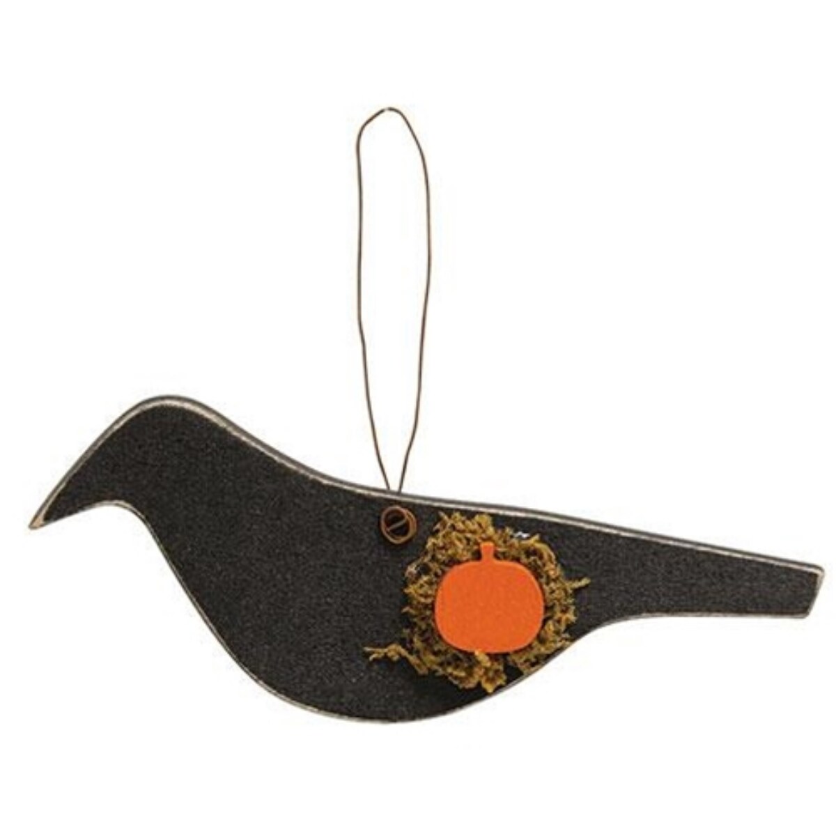 Black Crow Wood Ornament with Pumpkin and Moss Metal Wire Hanger for ...
