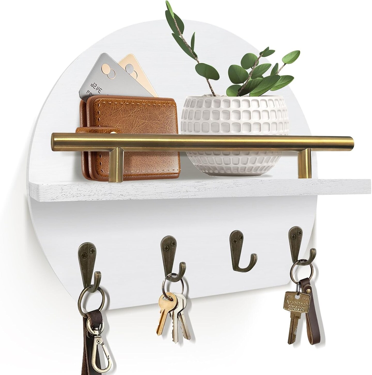 Key Holder Wall Mount Mail Organizer with Shelf & 4 Hooks, Semicircle ...