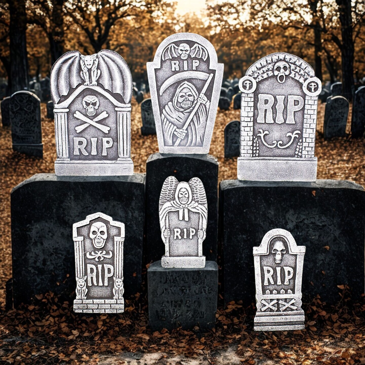 Creepy Grim Reaper Foam Tombstone Set Scary Halloween Outdoor Yard ...