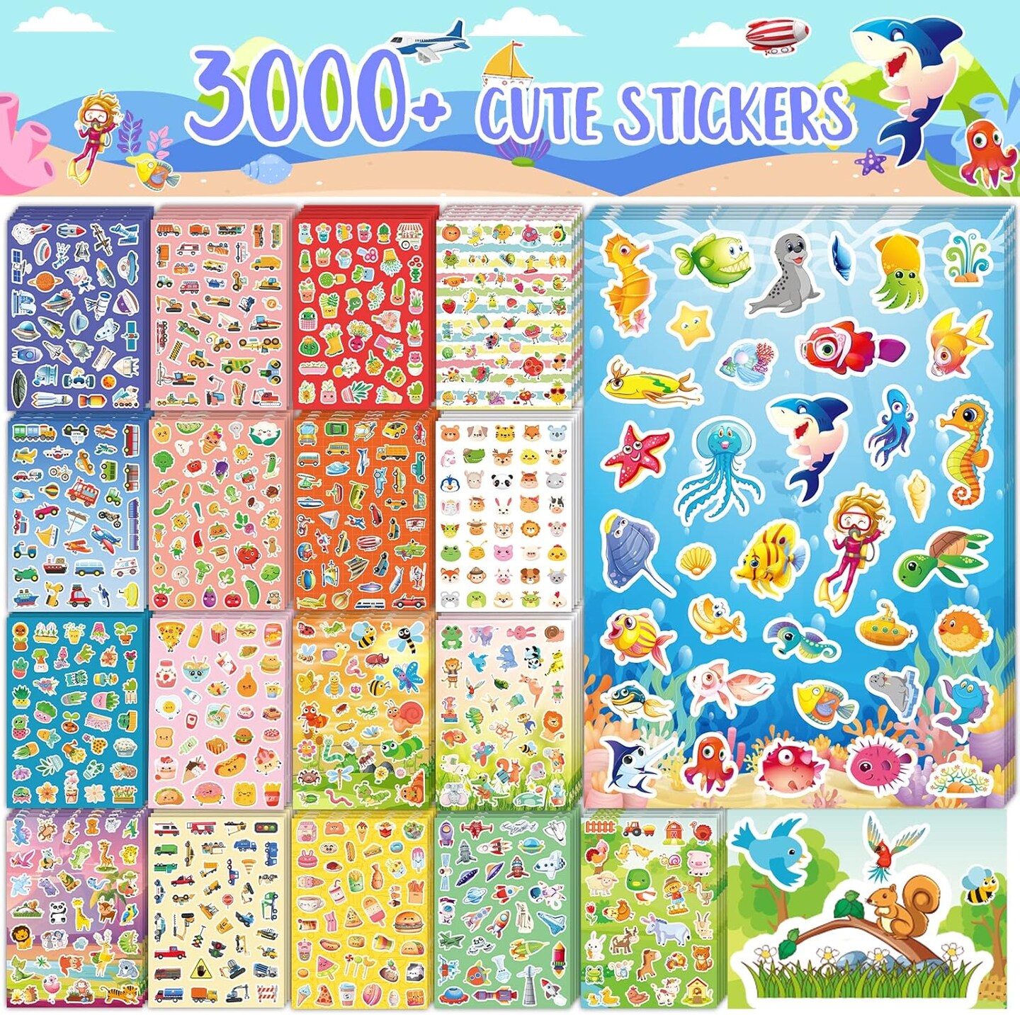 3000+PCS Kids Stickers for Water Bottles, 18 Themes with Cars Food ...