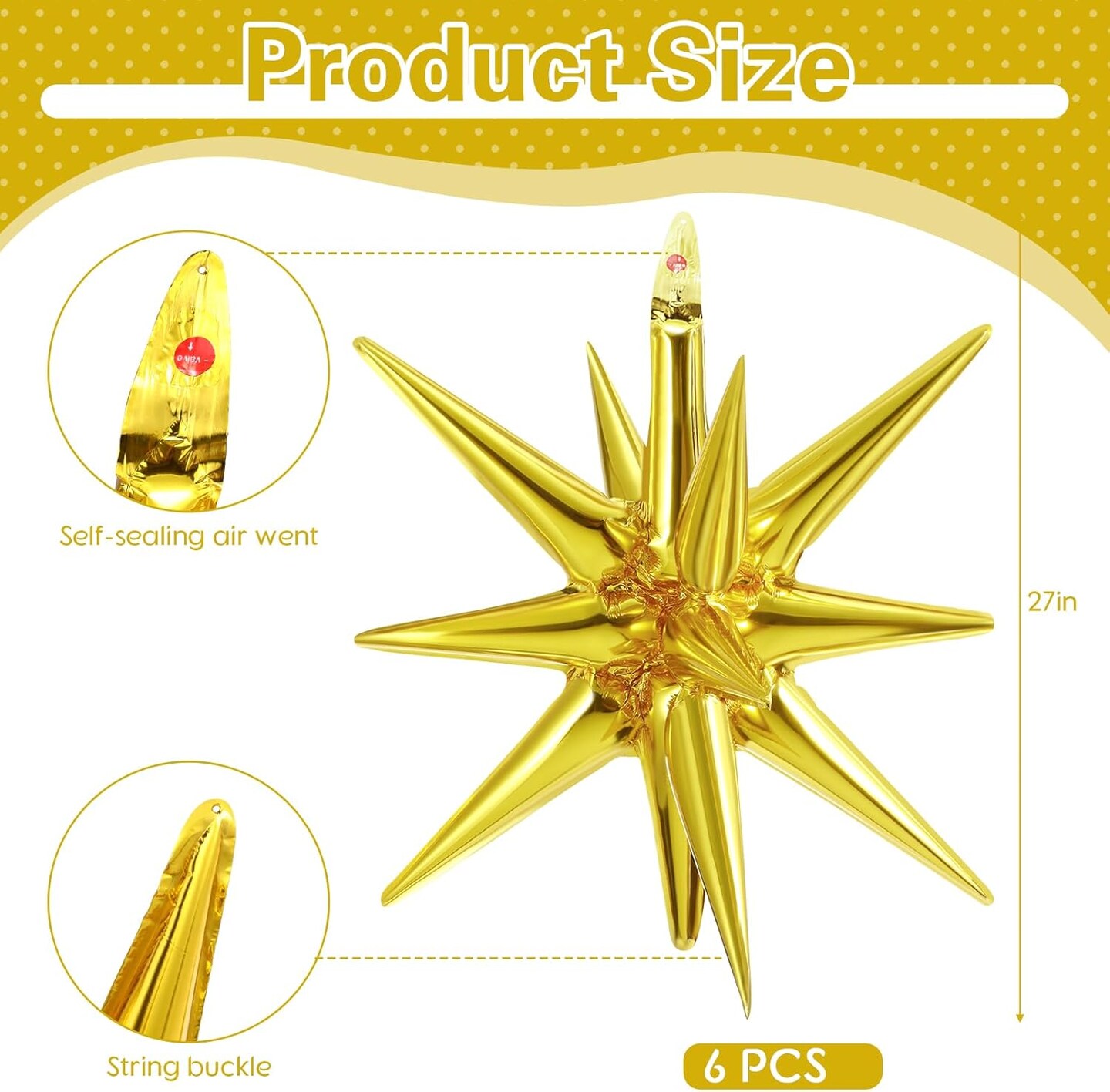 6-Pack 27in Gold Starburst Foil Balloons – 14-Point Star Cone for ...
