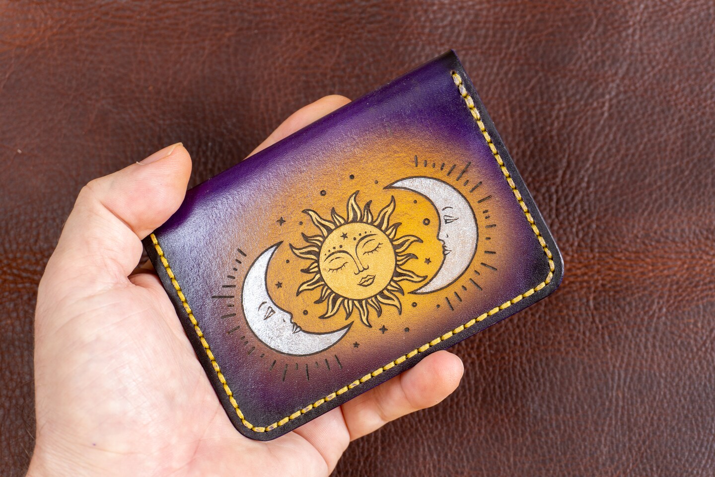 leather card wallet card holder bifold, Wiccan Sun and Moon minimalist ...