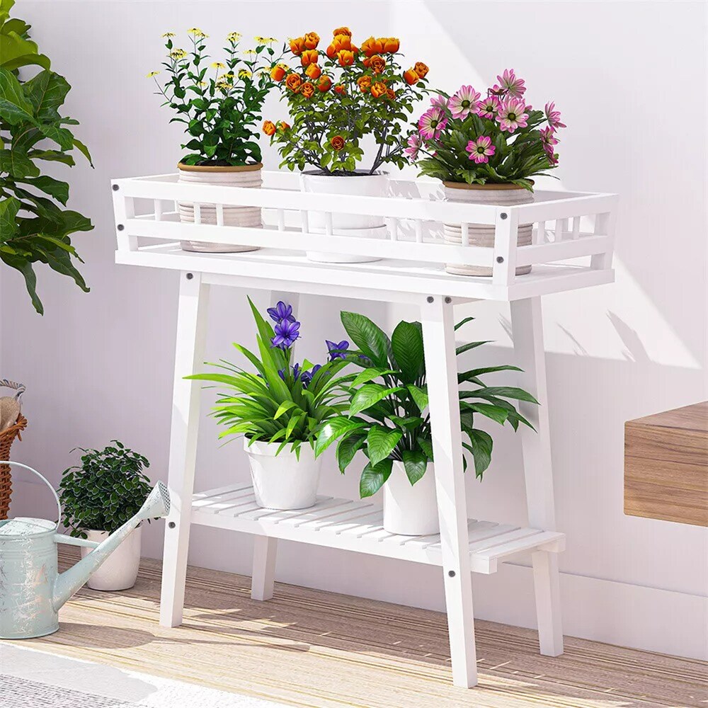 White Plant Stand Elevated Plant Holder 2 Tier Corner Bookshelf ...