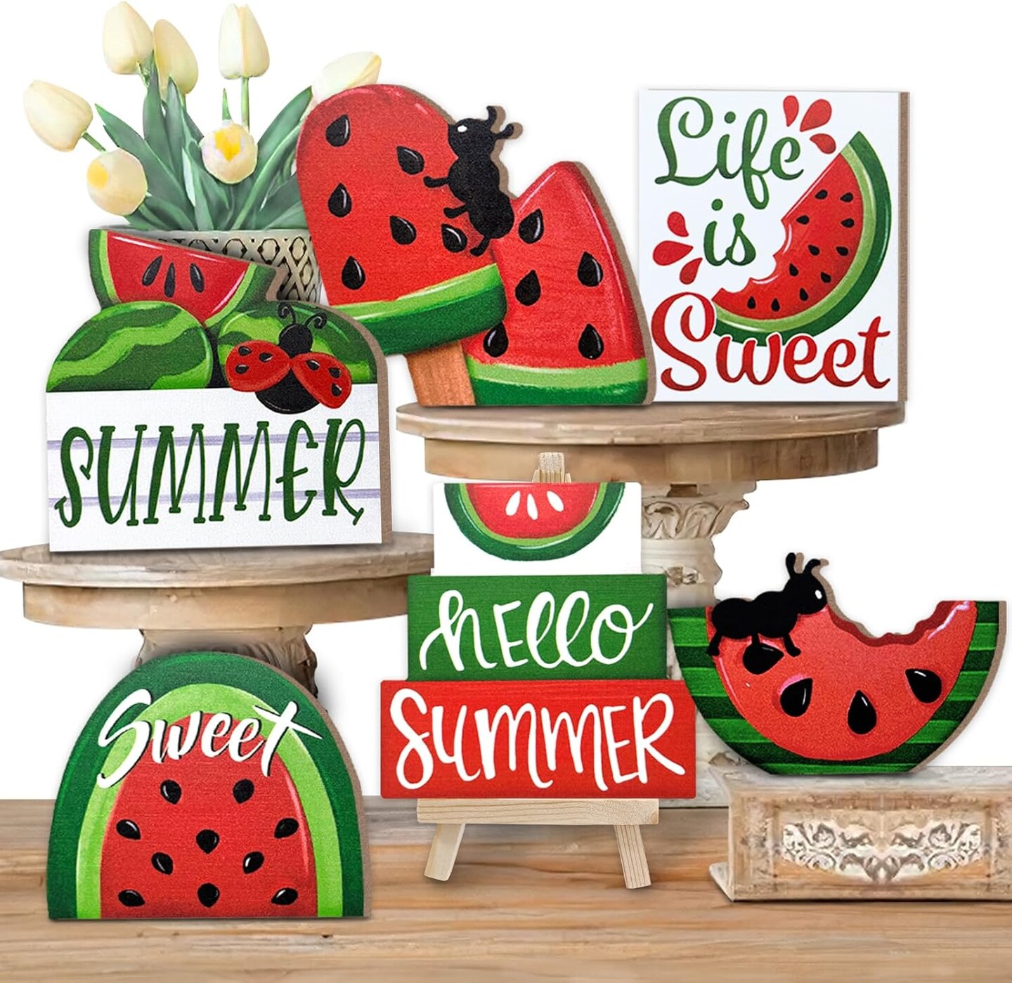Summer Tiered Tabletop Decor, Red Green Watermelon Tray Decorations ...