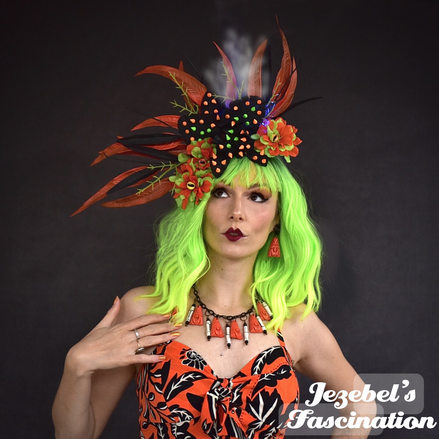 Gothic Jungle Fog Tiki Hair Flower, Smoking Teeth Eyes Headpiece, Green ...