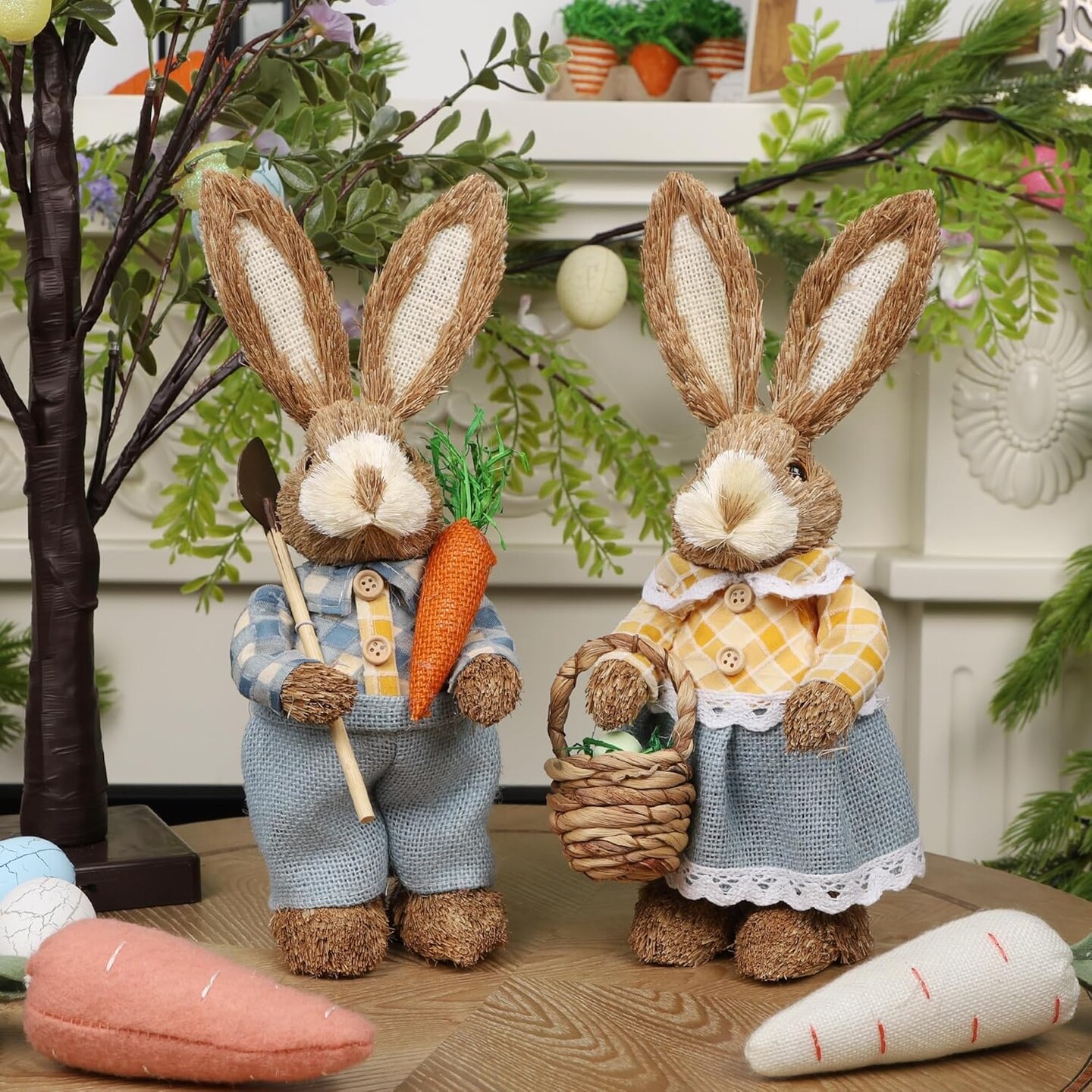 Set of 2 Easter Decorations 13" Bunny Figurines Tabletop Spring Decor ...