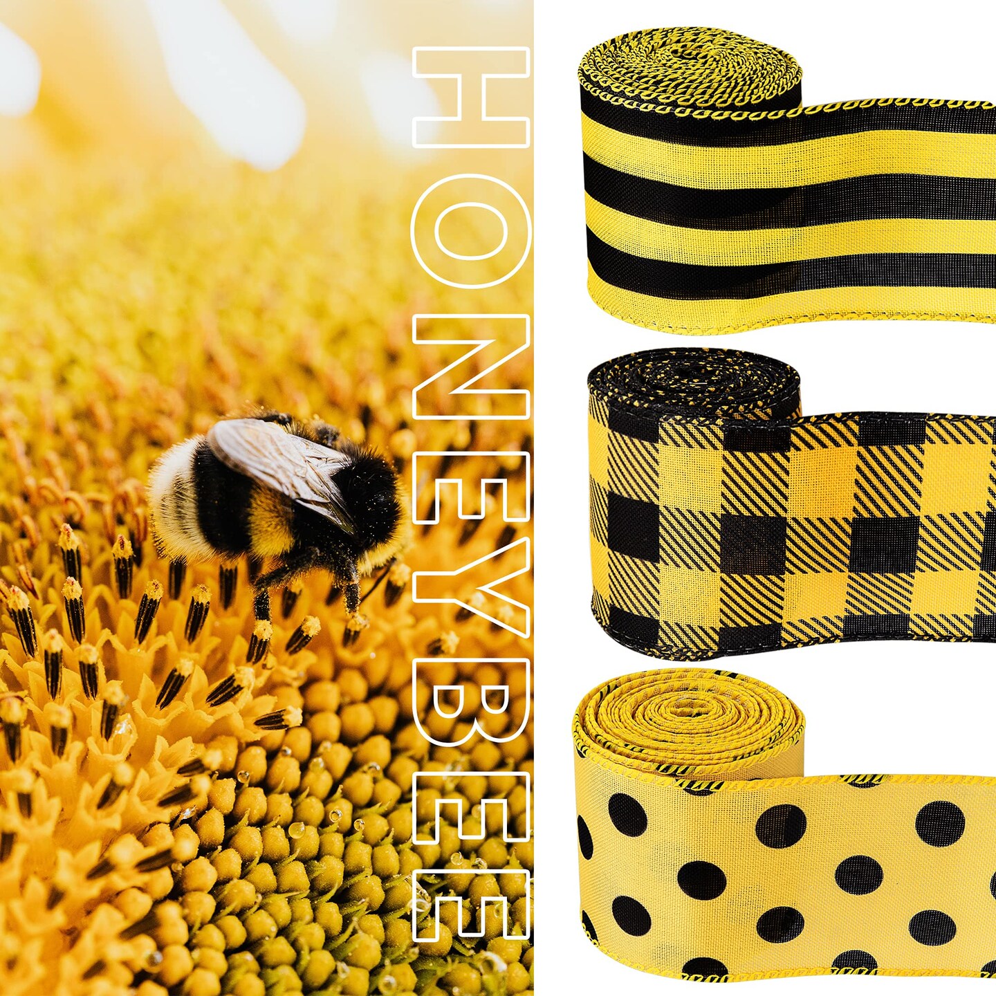 3 Pack 18 Yard Bumble Bee Ribbon Wired Polka Dot Wired Edge Ribbon Bee ...