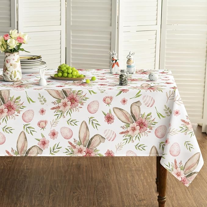 Easter Tablecloth 52×70 Inch Rectangular, Bunny Ear Flowers Spring ...