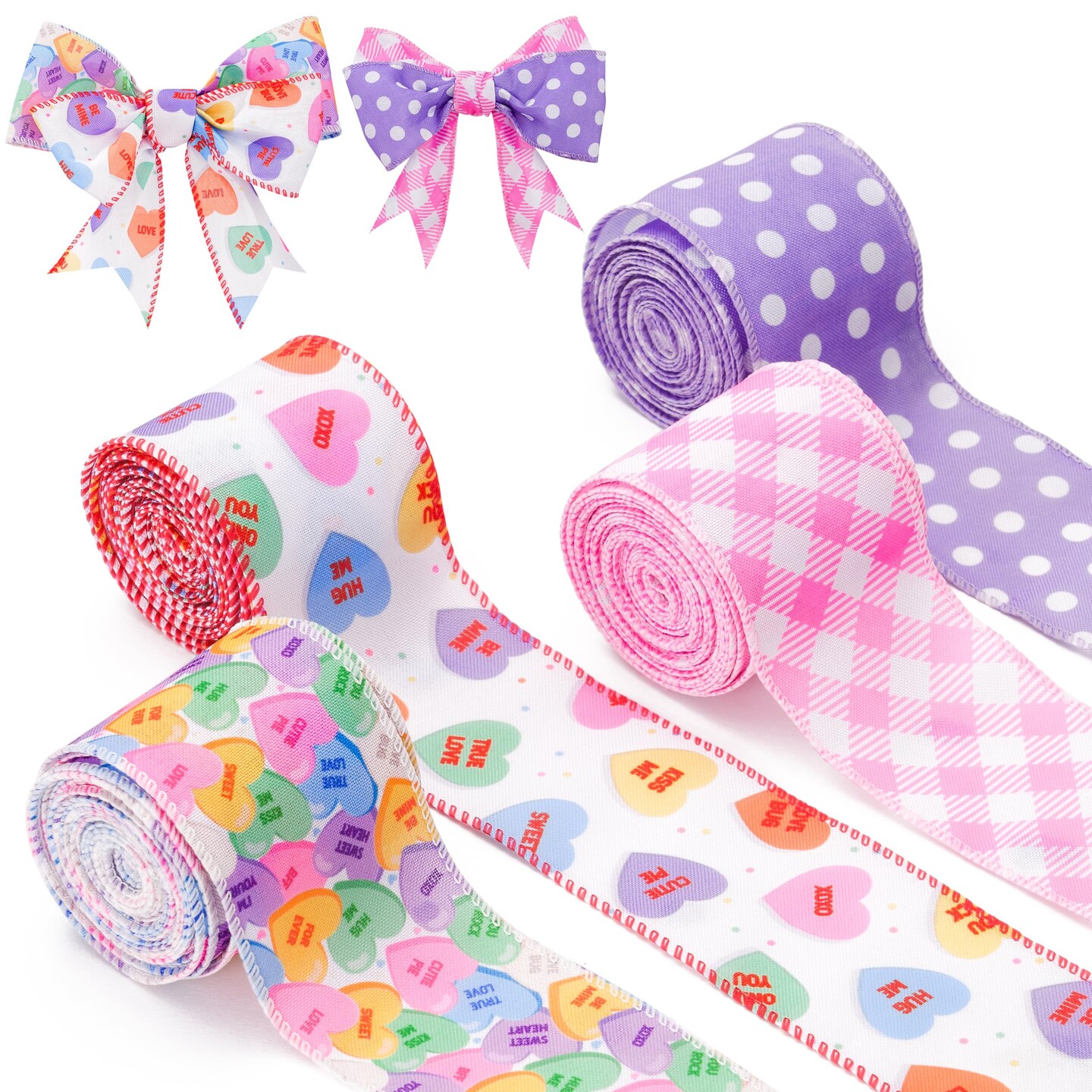 4 Rolls Love Candy Color Wired Edge Ribbon Conversation Heart Grid Dot ...