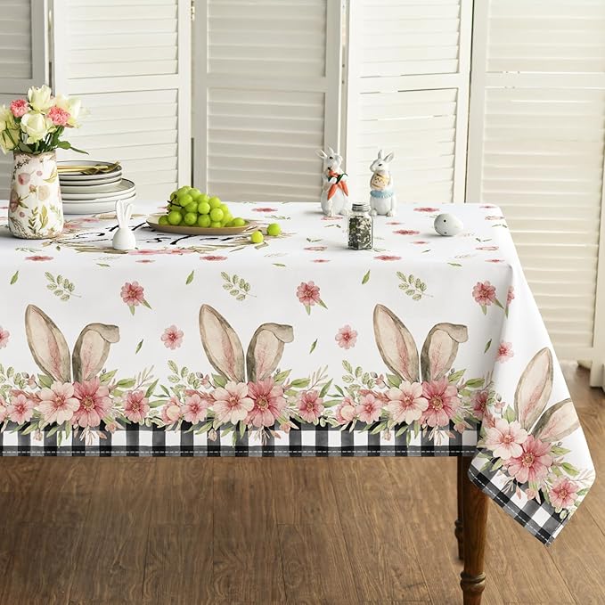 Easter Tablecloth 52x70 Inch Rectangular, Spring Flower Buffalo Plaid ...