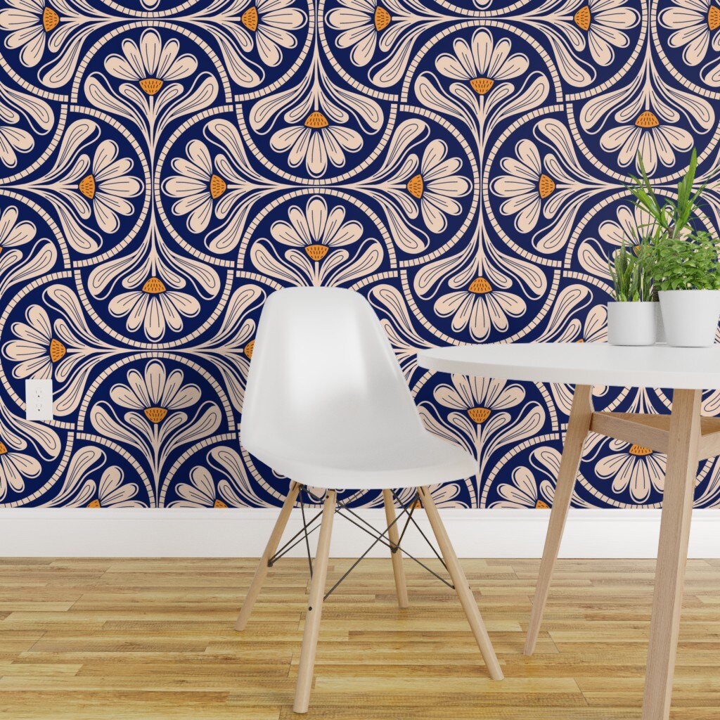 Blue Floral Yellow Cream Flowers Bold Modern Minimalist Cobalt ...