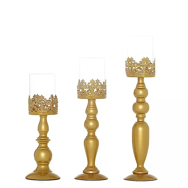 3 pcs 12" 14" 17" tall Gold Lacy Trim Metal Glass Candle Holders ...