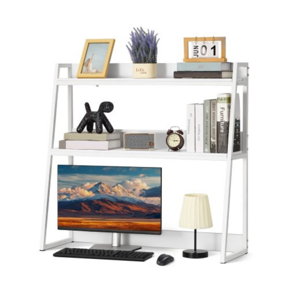 2-Tier Desktop Bookshelf Wood Storage Organizer Office Desk Rack with ...