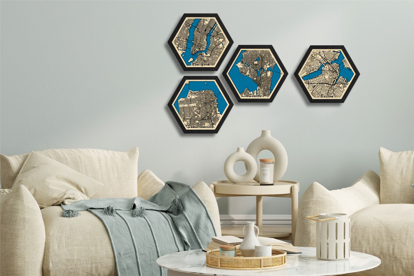3D hexagon collage Map of multiple cities on wood, any city, laser cut ...