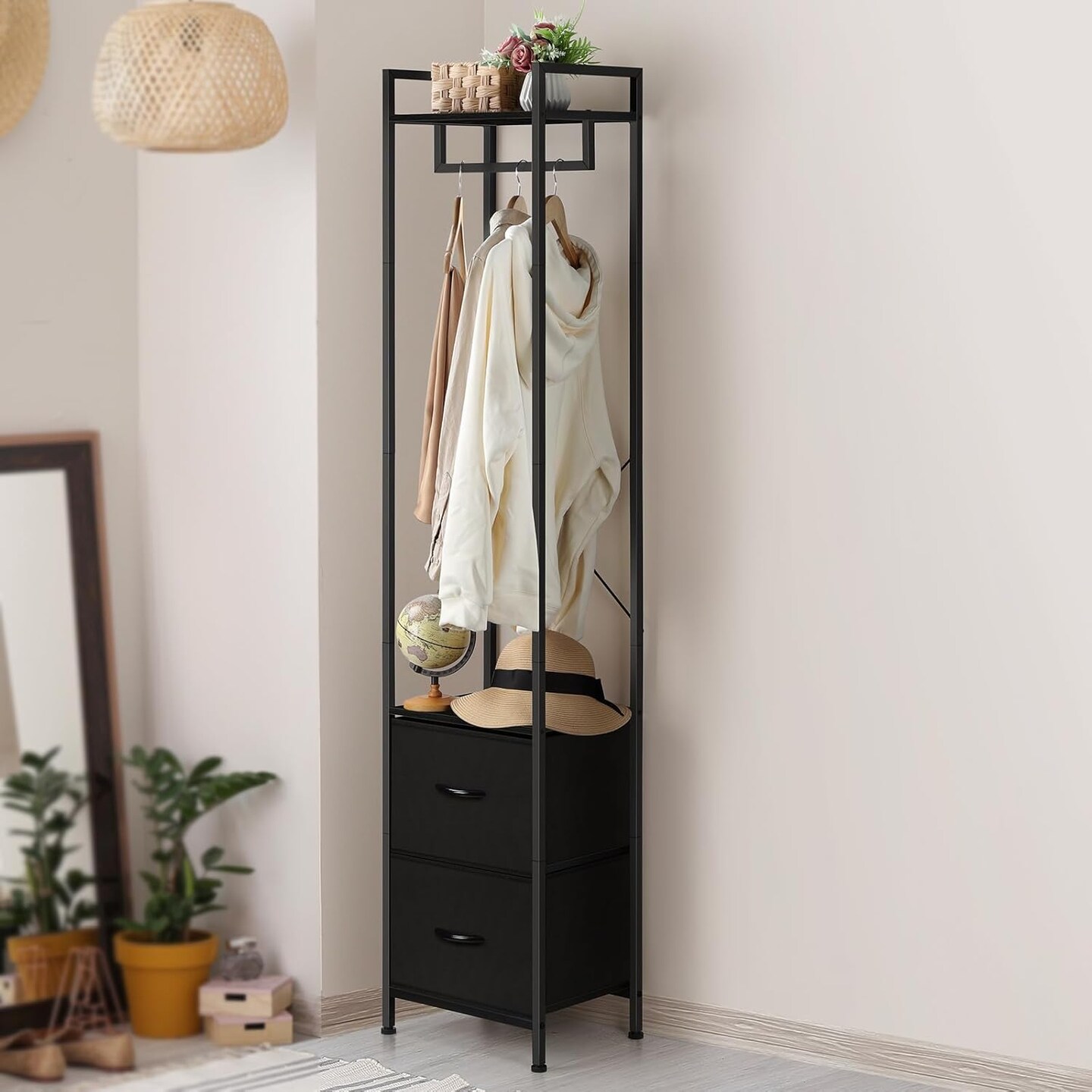 3-Tier Heavy Duty Coat Rack with 2 Fabric Drawers | Black Freestanding ...