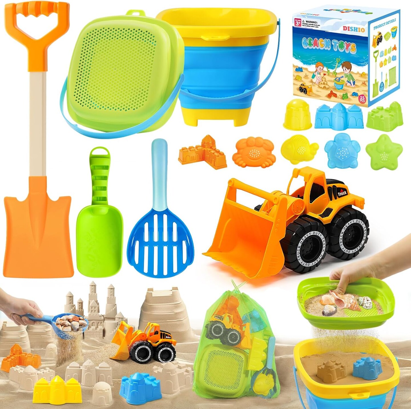 Beach Sand Toys for Kids with Collapsible Bucket and Mesh Bag, Toddlers ...