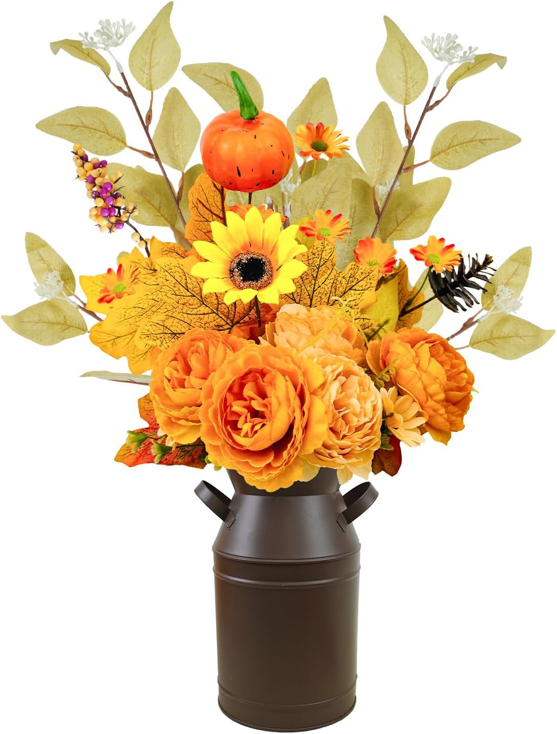Artificial Fall Flowers with Metal Pot, Faux Silk Flower Arrangements ...