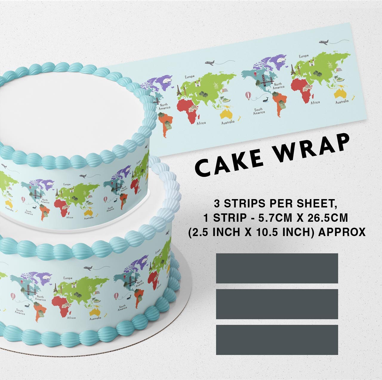 World Map Blue Strips Edible Icing Printed Cake Wrap Strips Topper ...