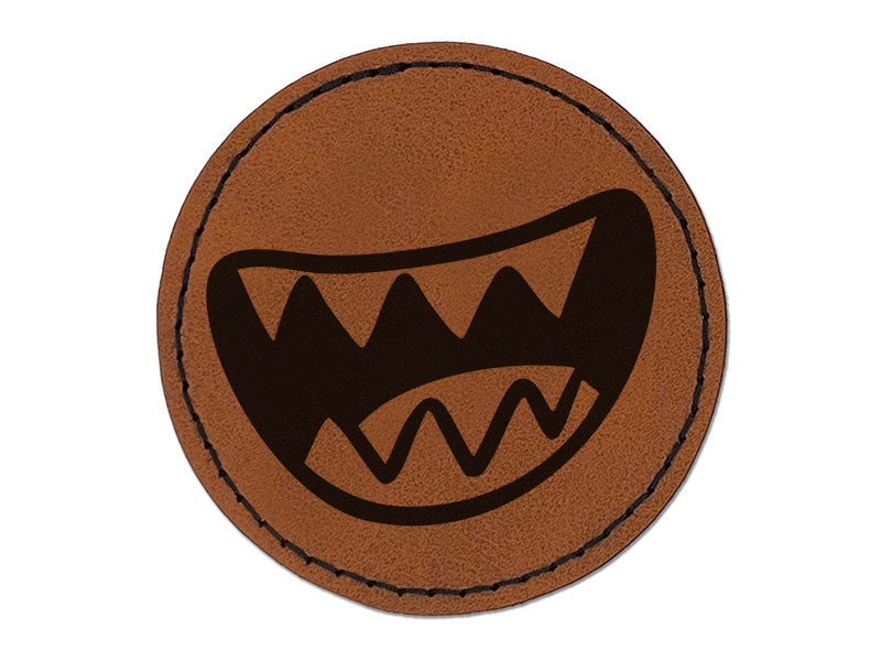 Big Cartoon Smile Sharp Shark Teeth Round Iron-On Engraved Faux Leather ...