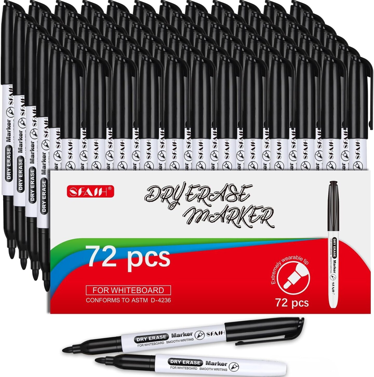72-Pack Fine Tip Dry Erase Markers - Black & Whiteboard Erasable ...