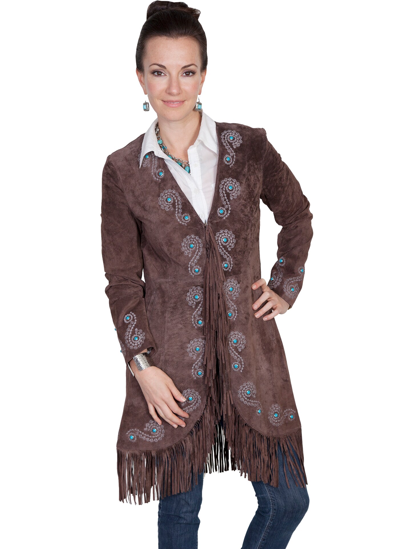 Scully Women's Embroidered Fringe Long Suede Leather Jacket | Michaels