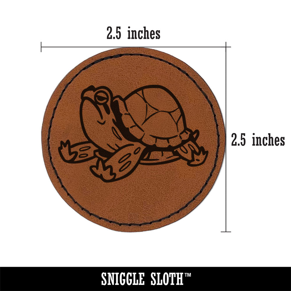 Basking Turtle Terrapin Sun Bathing Round Iron-On Engraved Faux Leather ...