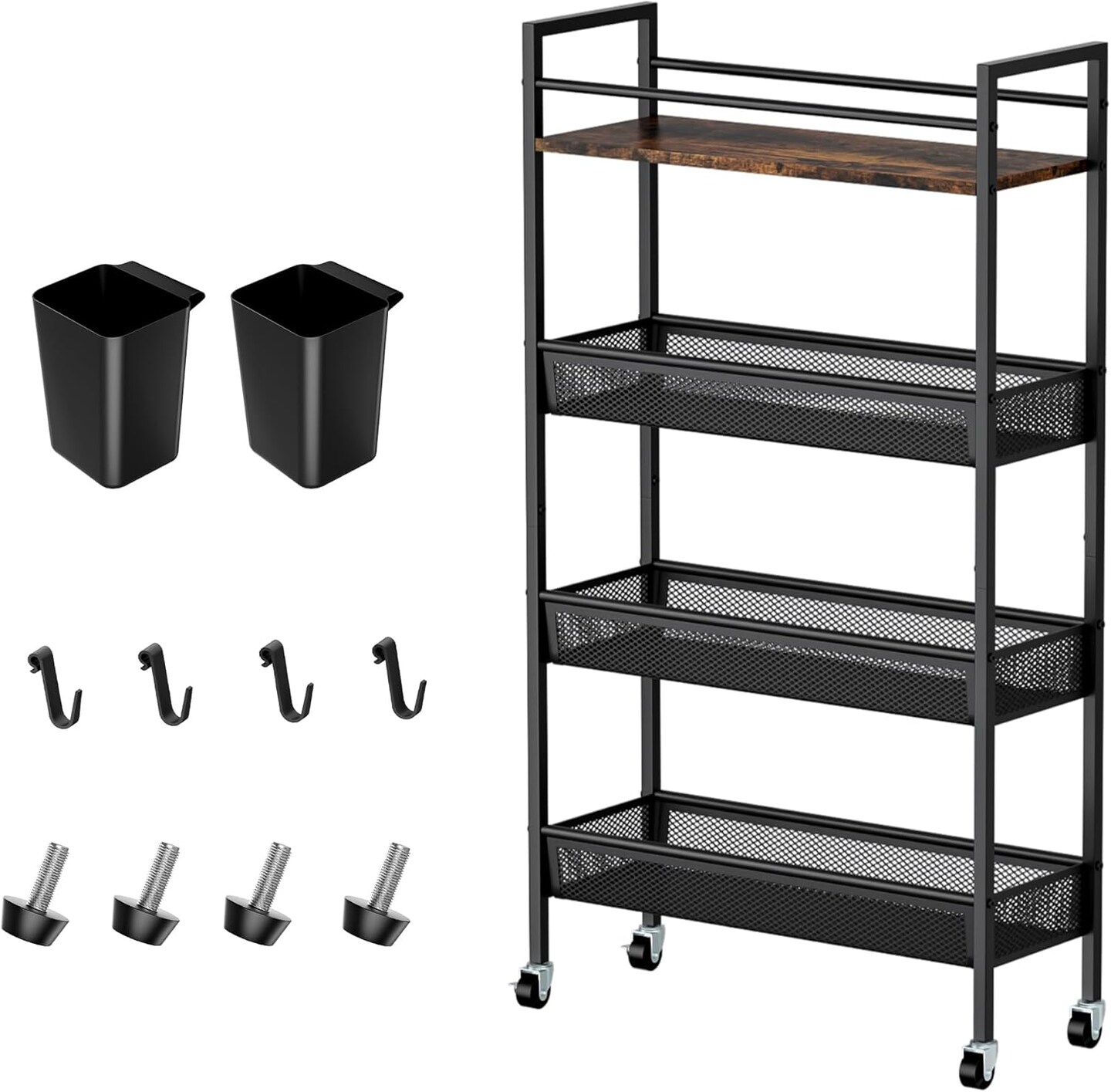 4-Tier Slim Storage Cart, 5.9In Narrow Rolling Cart with Wooden Top ...