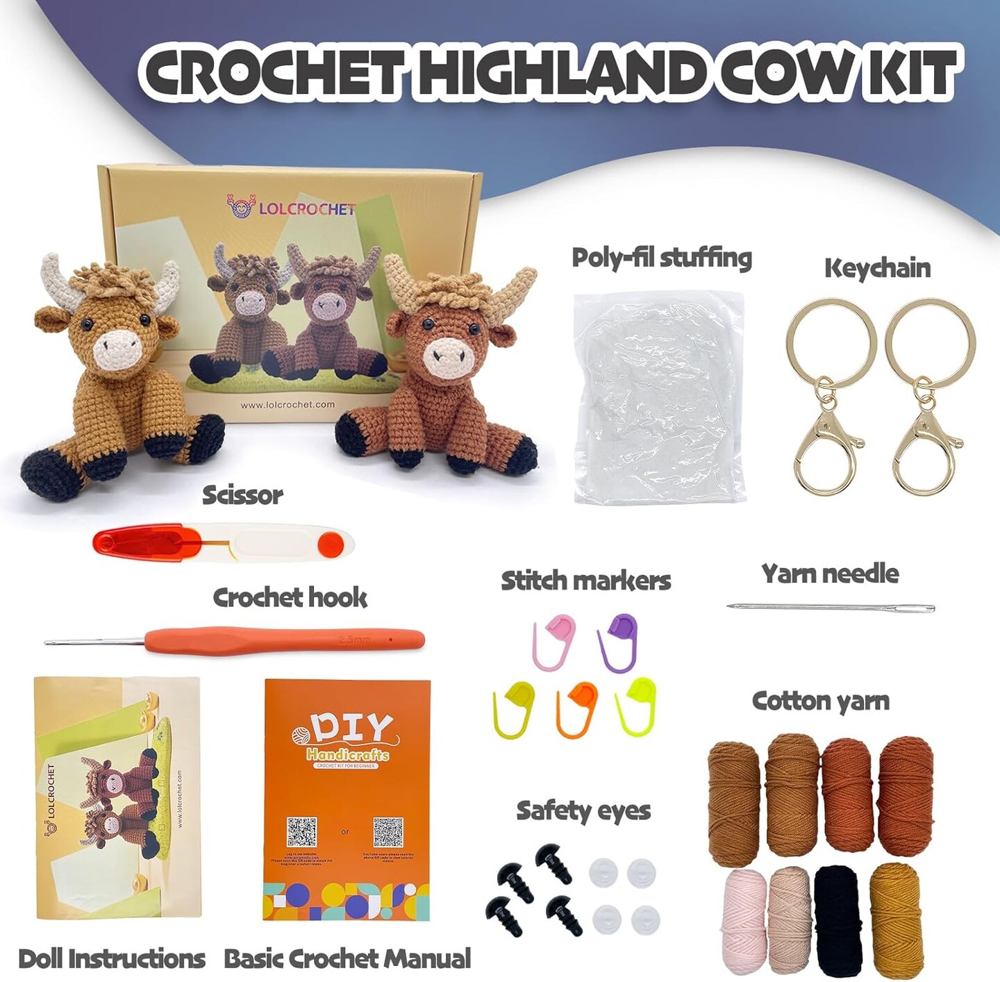 Highland Cow Crochet Kit for Beginners Intermediate, 2 Pcs Animals ...