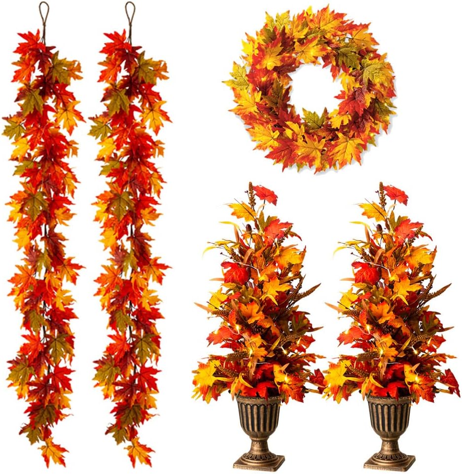 2Pcs Fall Garlands & 1Pc Pre-Lit Fall Maple Leaves Wreath, Artificial ...