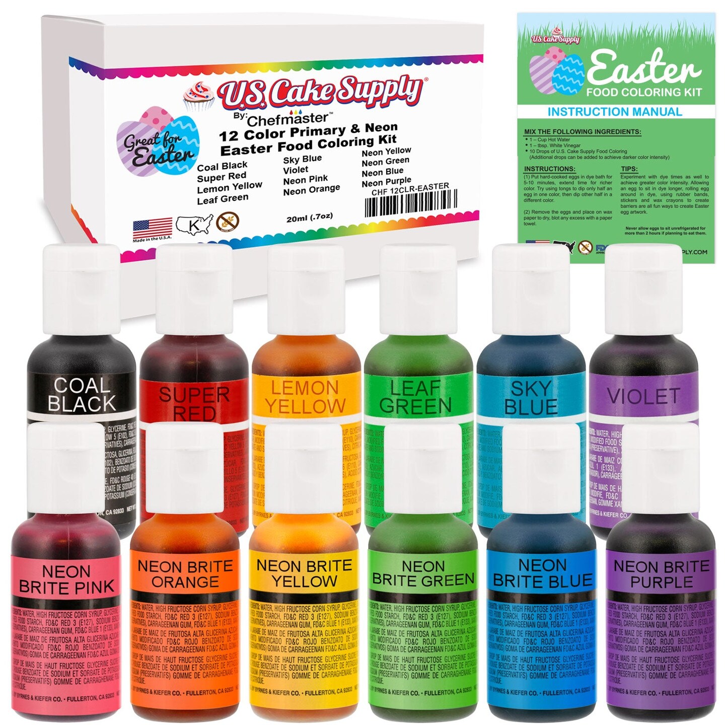 U.S. Cake Supply 12 Color Primary & Neon Easter Food Coloring Kit ...