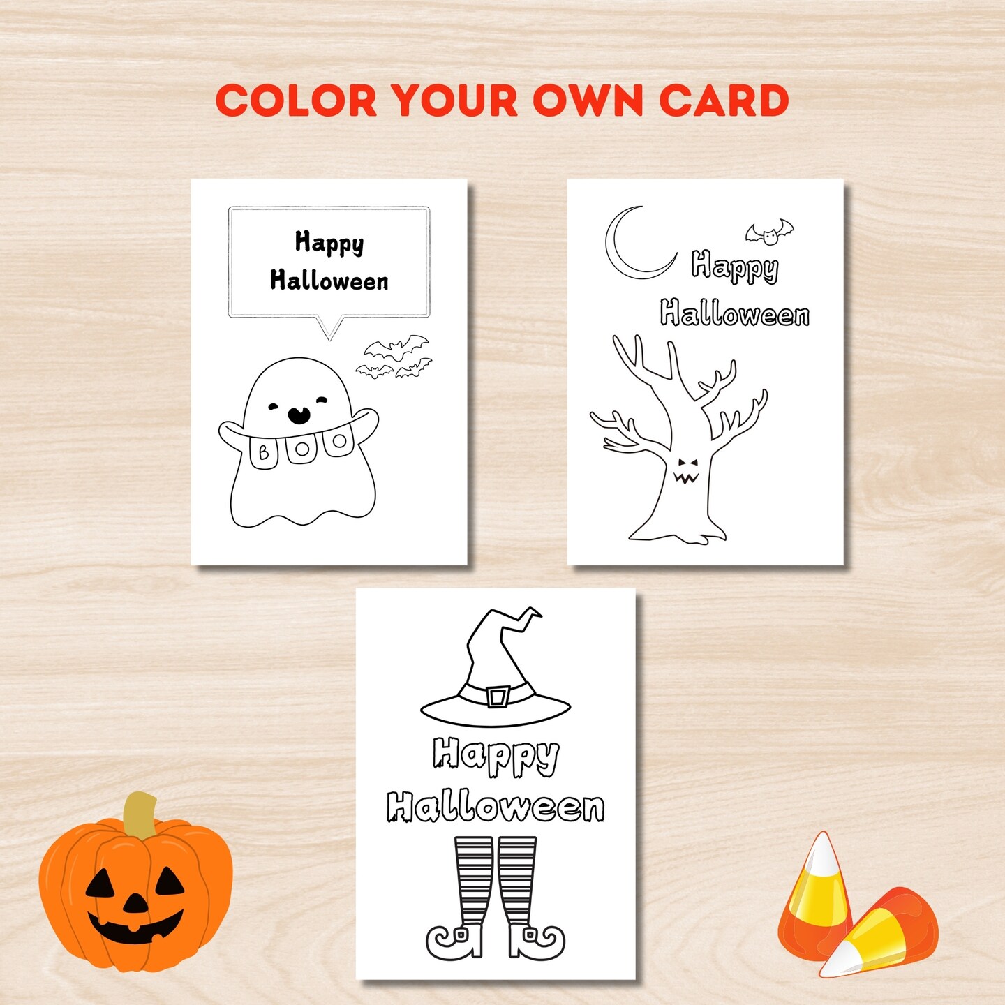 Halloween greeting cards for kids, coloring pages, set of 3, blank ...
