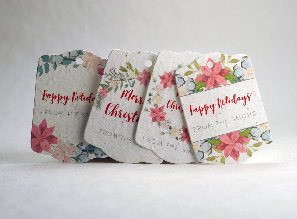 Custom Wildflower Seed Paper Gift Hang Tag - Poinsettia Holiday ...