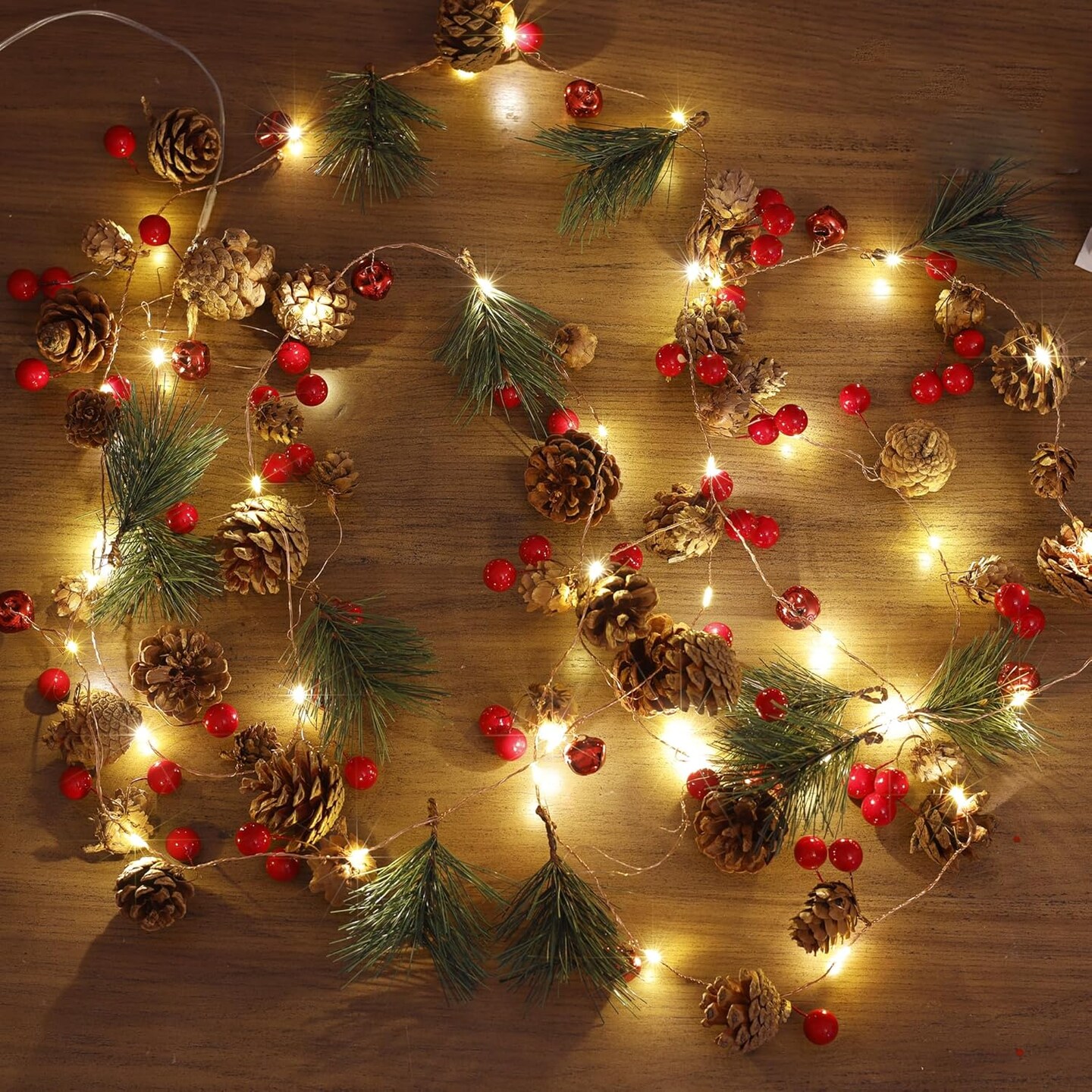 2 Pack Garland Lights with Pine Cones Bell Red Berries, Total 13.4FT/40 ...