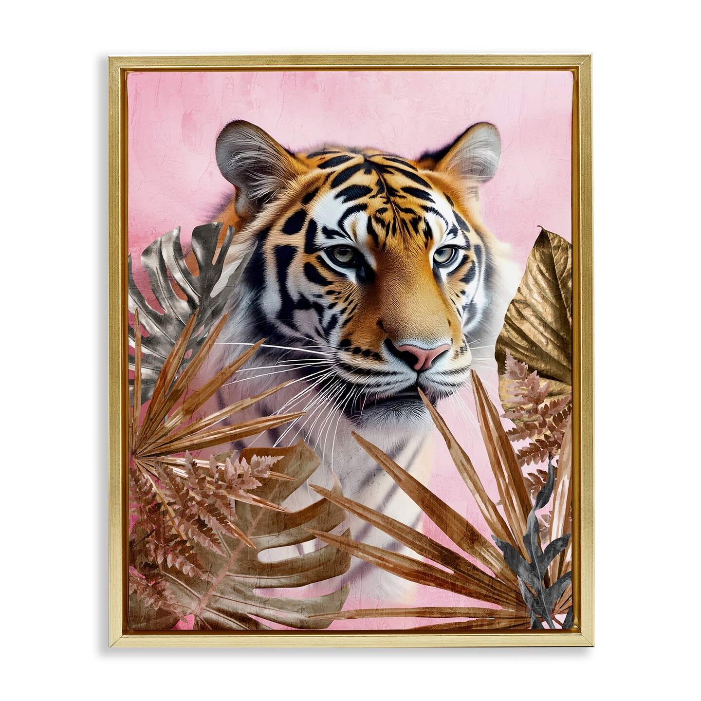 Stupell Industries Exotic Tiger with Gold Leaves Floating Frame Design ...