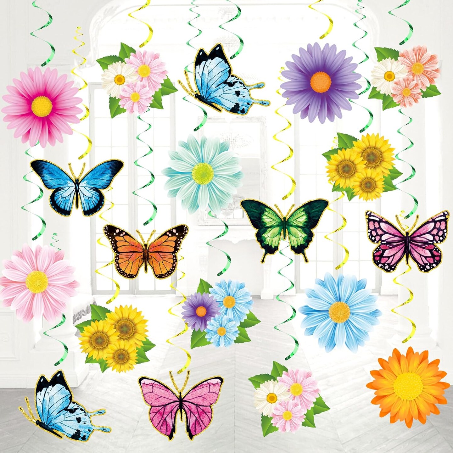 64 Pcs Flower Hanging Swirl Decorations Spring Flower Butterfly Hanging ...