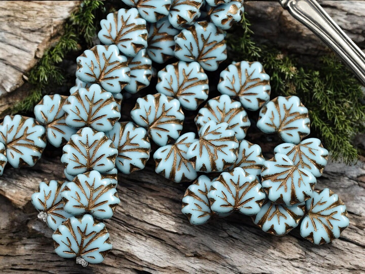 *12* 13x11mm Dark Bronze Washed Sky Blue Maple Leaf Beads | Michaels