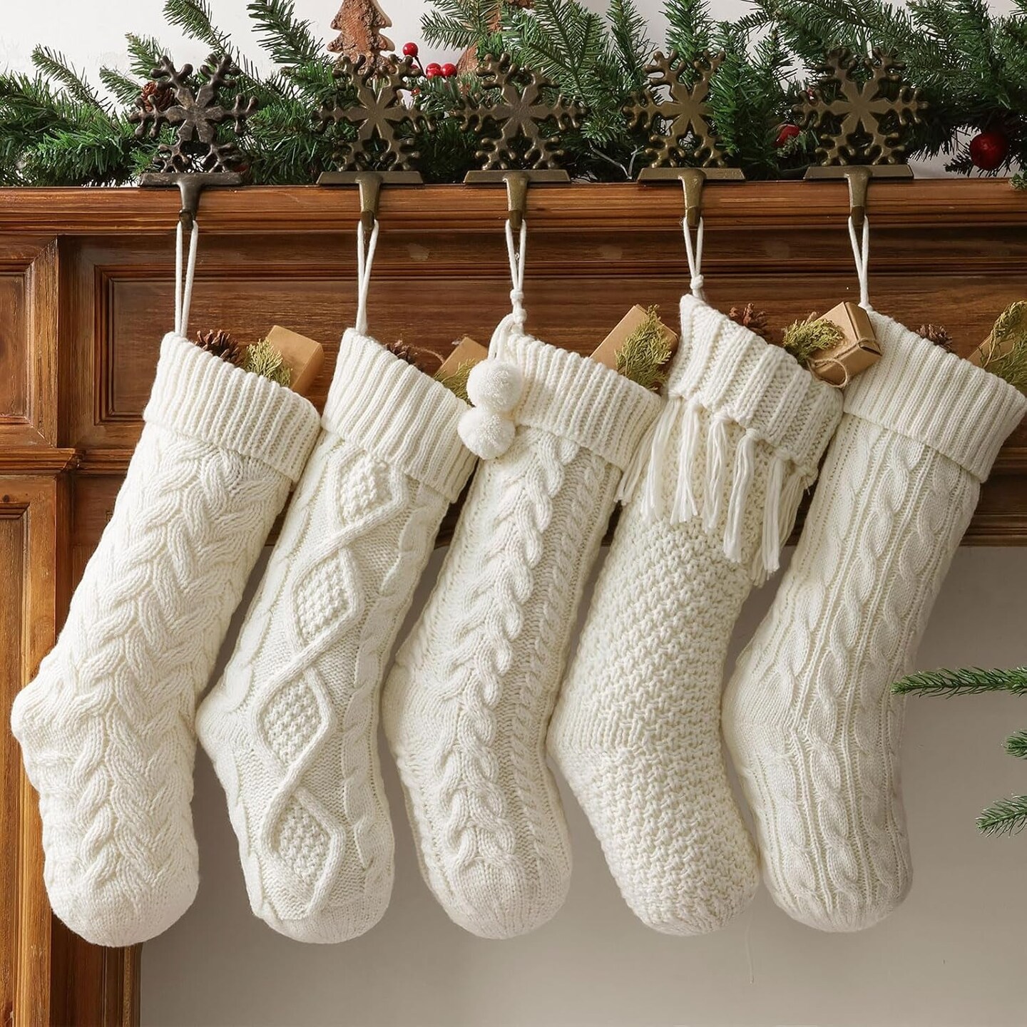 Farmhouse Knitted Christmas Stockings 5 Pack 18 Inch Rustic Cable Knit Fireplace Stockings Cozy Hanging Xmas Stockings Boho Style Stocking Decorations for Family Holiday Decor White Beige Michaels