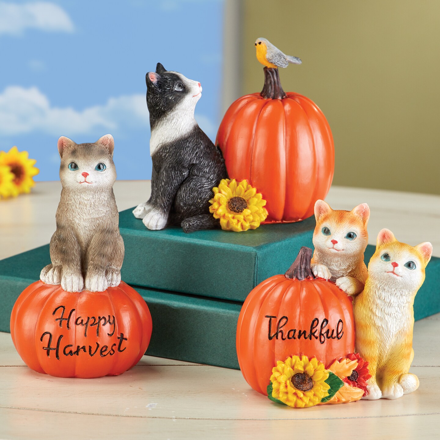 Collections Etc Hand-Painted Harvest Pumpkin Cat Sitters - Set of 3 ...
