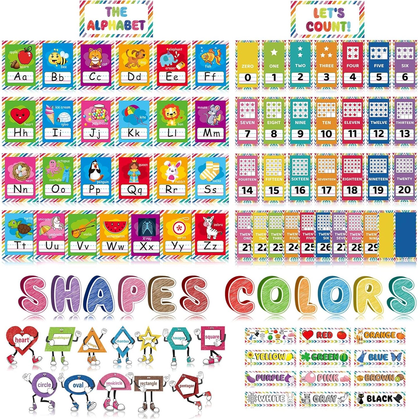 96 Pieces Colors and Shapes Bulletin Board Number Alphabet Letters ...