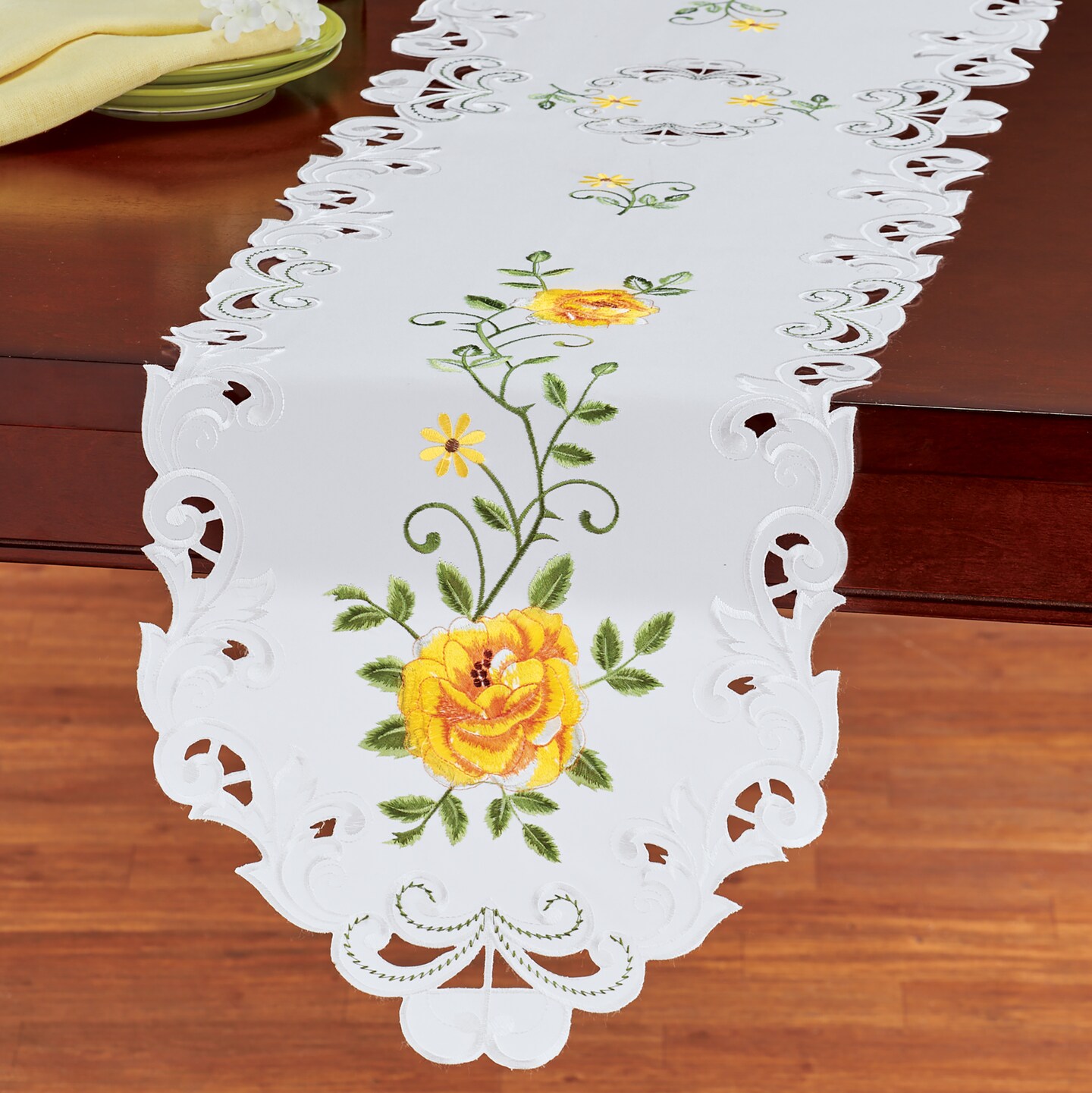 Collections Etc Embroidered Yellow Rose Vine Table Linens | Michaels
