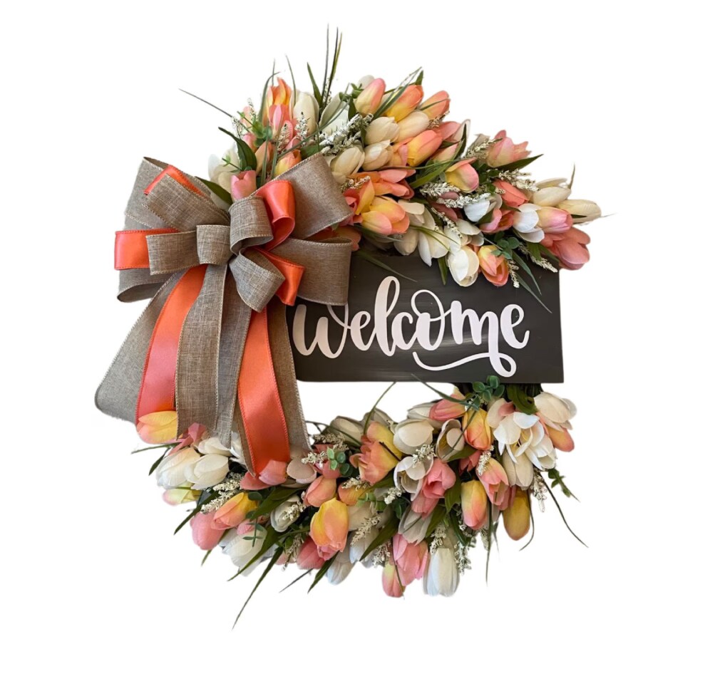 Custom Spring Tulip Welcome Wreath with Bow - Front Door Welcome Decor ...